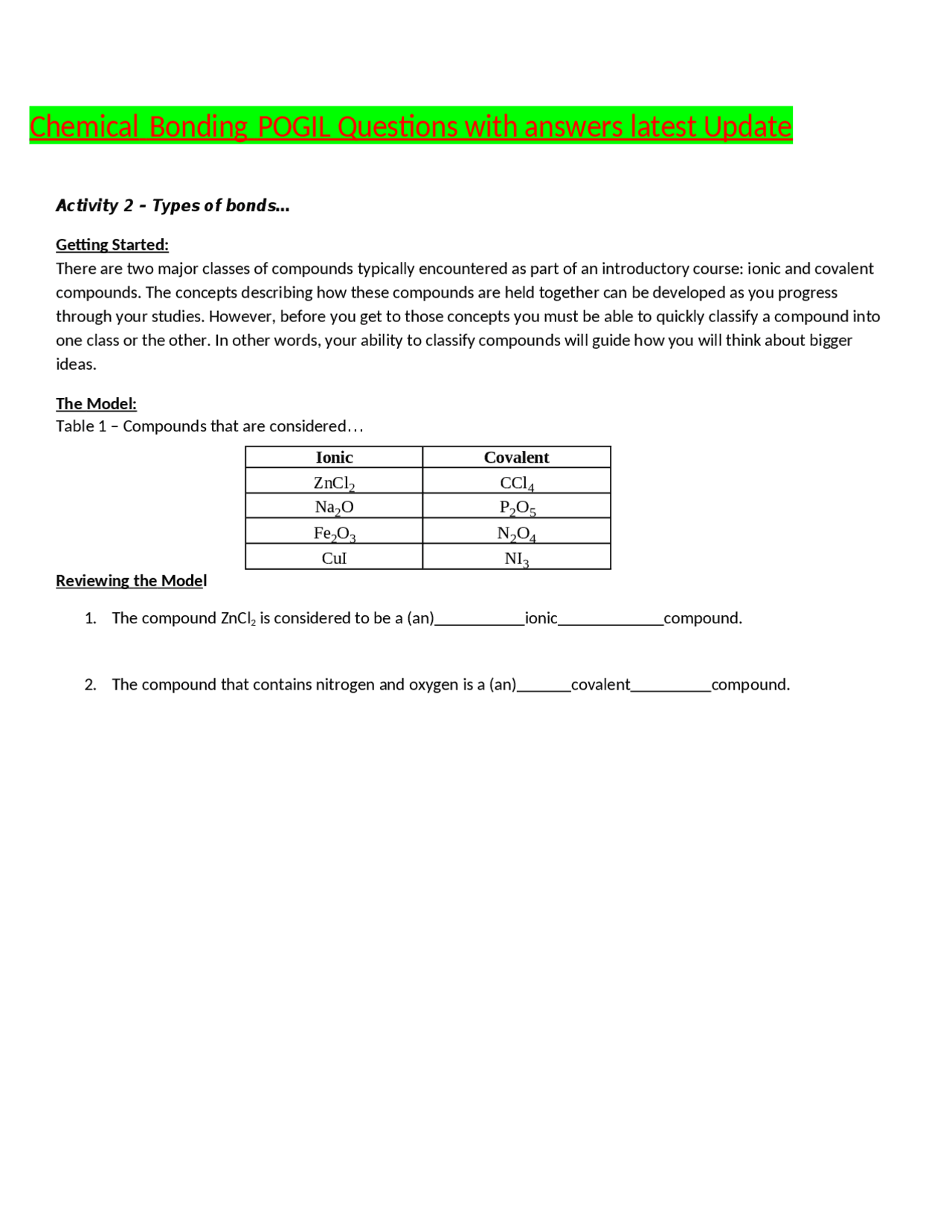 Chemical Bonding POGIL: Classifying Compounds and Naming Ionic ...