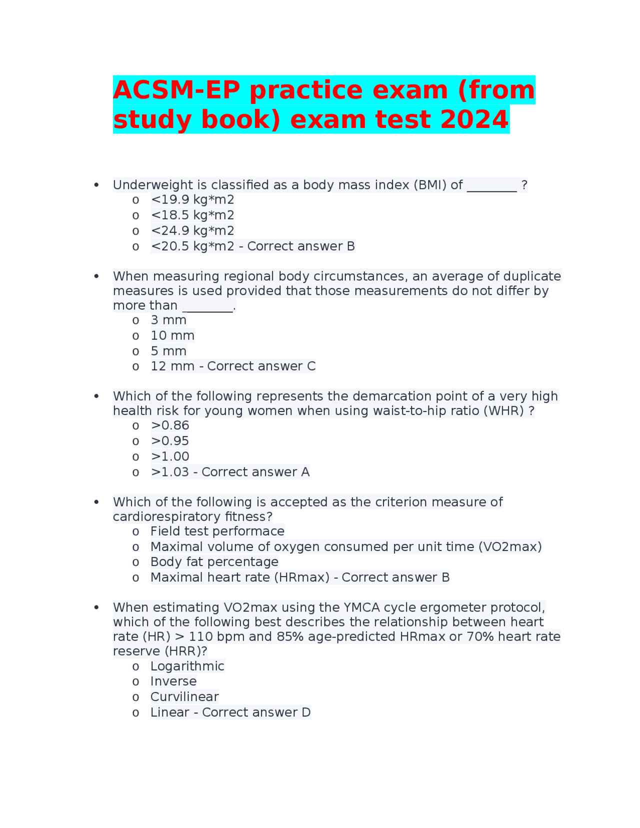 ACSM-EP practice exam (from study book) exam test 2024 | Exams Medicine ...