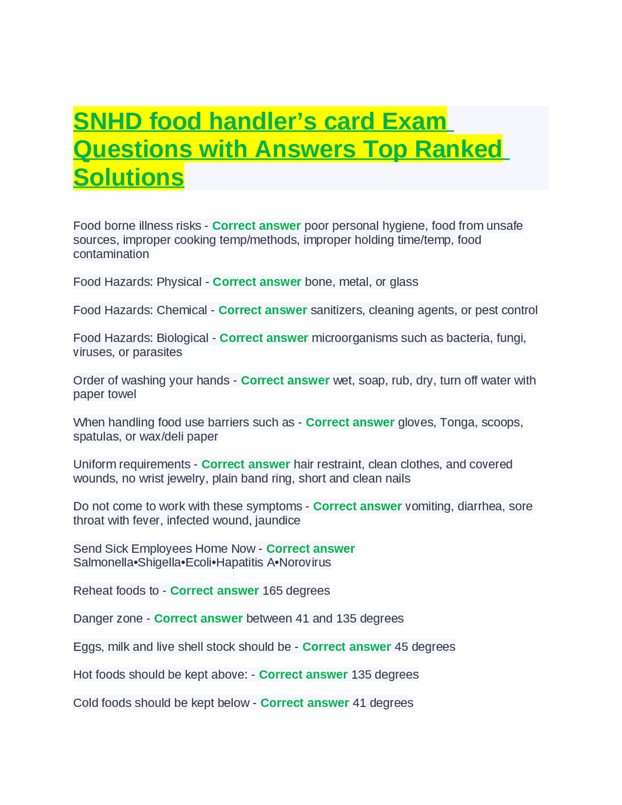 SNHD food handler’s card Exam Questions with Answers Top Ranked ...