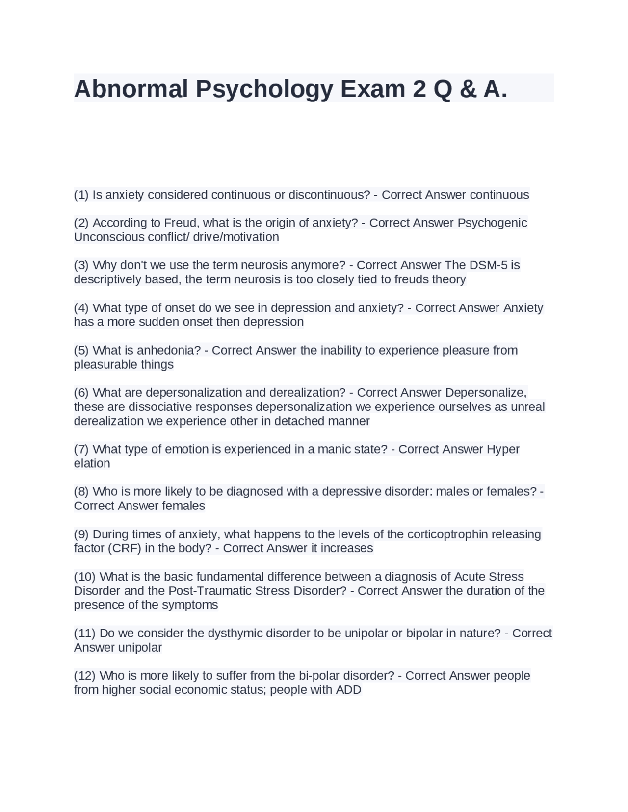 Abnormal Psychology Exam 2 Q & A. | Exams Abnormal Psychology | Docsity
