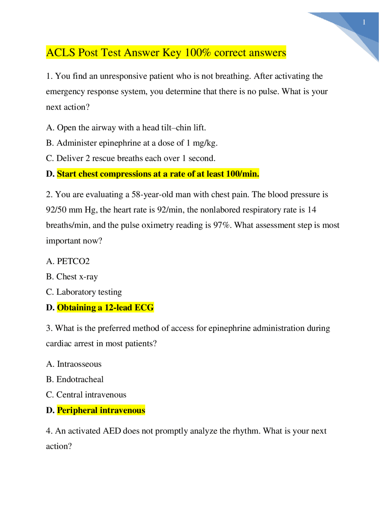 ACLS Post Test Answer Key 100% correct answers latest 2024/2025 | Exams ...