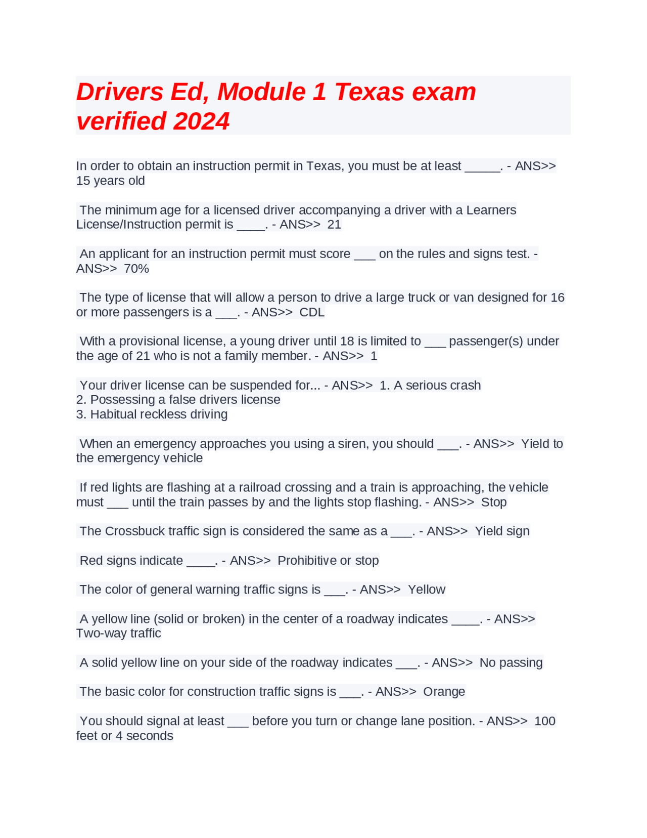 Drivers Ed, Module 1 Texas exam verified 2024. | Exams European ...
