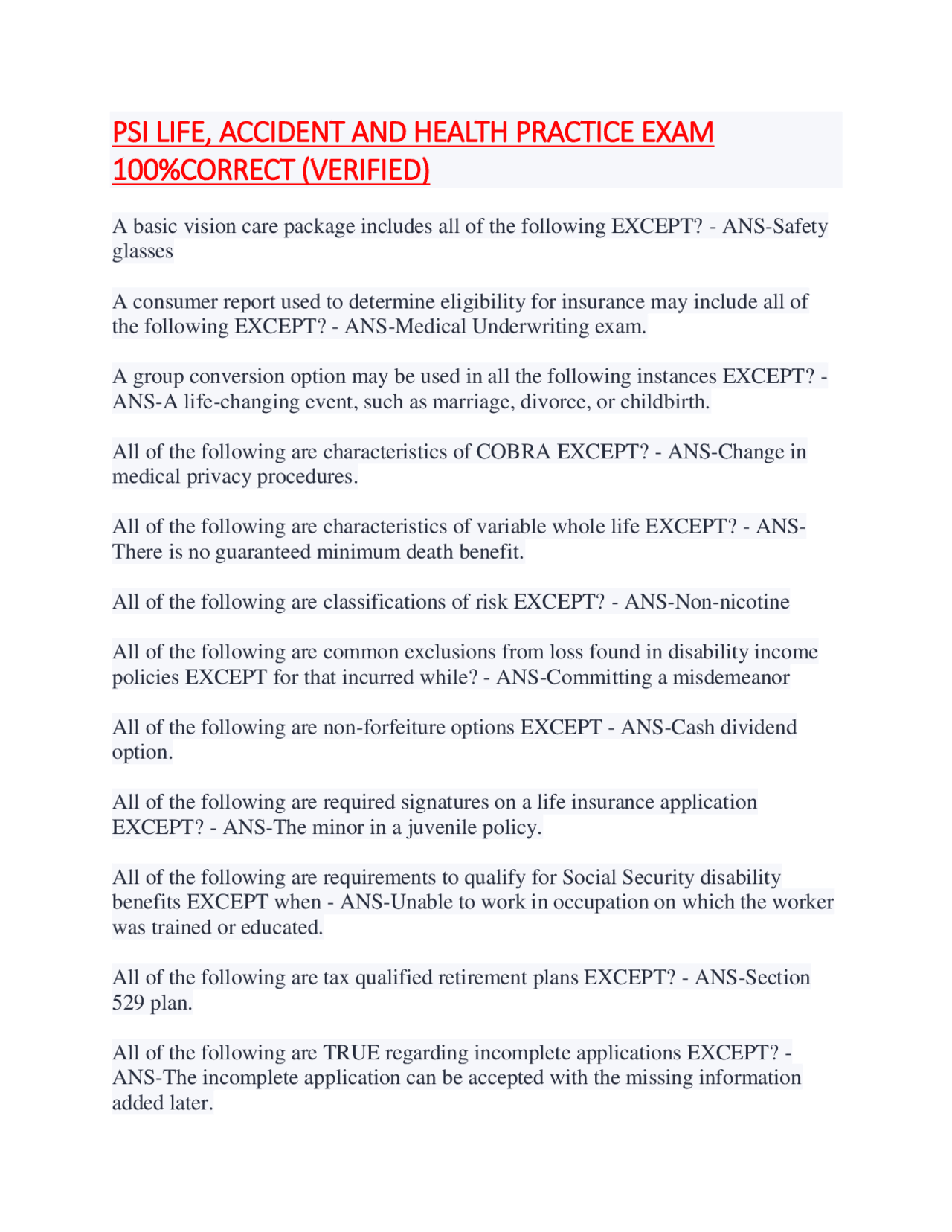 PSI LIFE, ACCIDENT AND HEALTH PRACTICE EXAM 100%CORRECT (VERIFIED ...