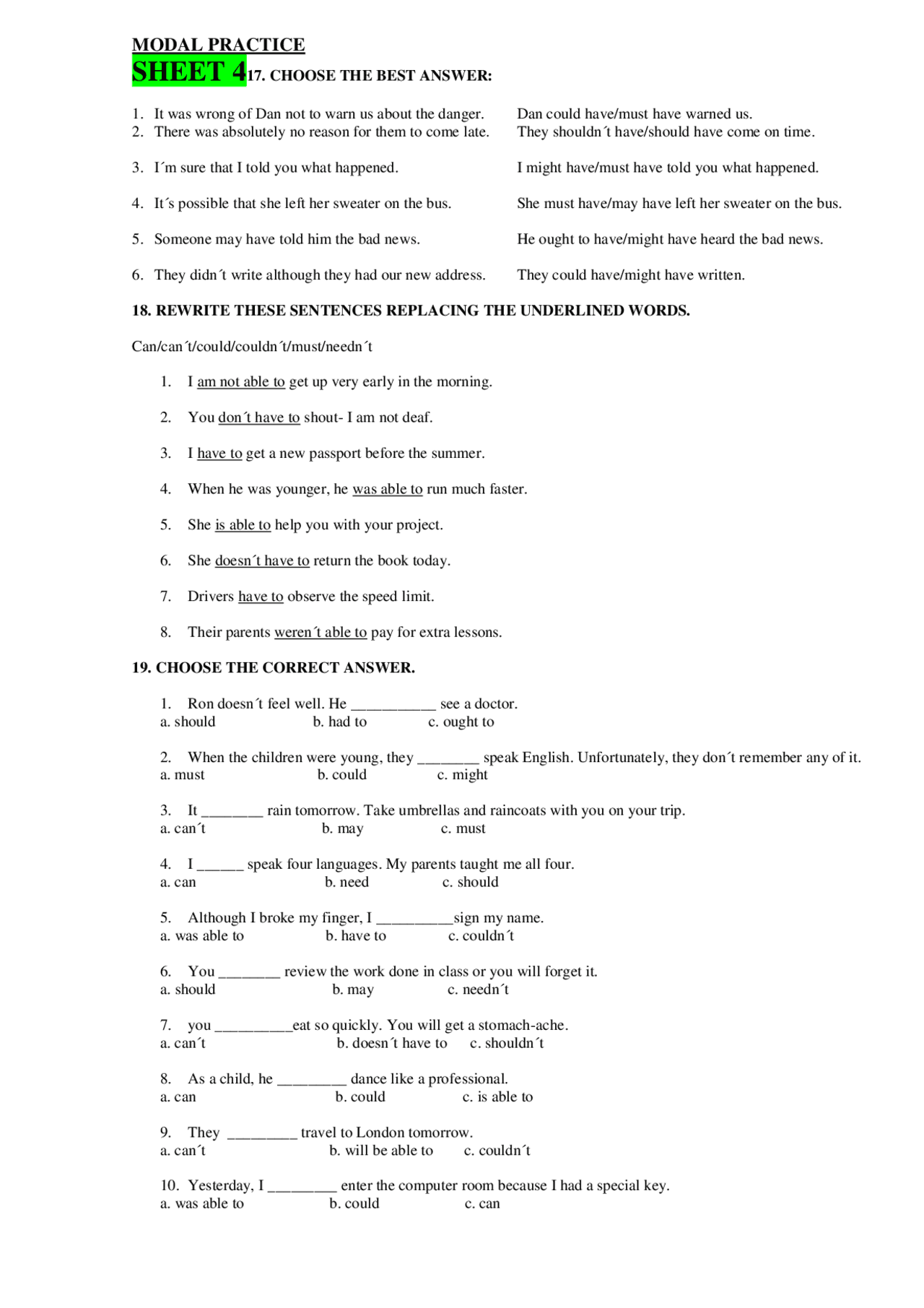 Modal verbs practice 4 | Ejercicios de Inglés | Docsity