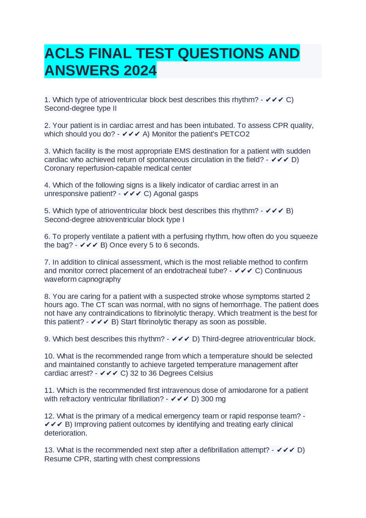 ACLS FINAL TEST QUESTIONS AND ANSWERS 2024 | Exams Nursing | Docsity