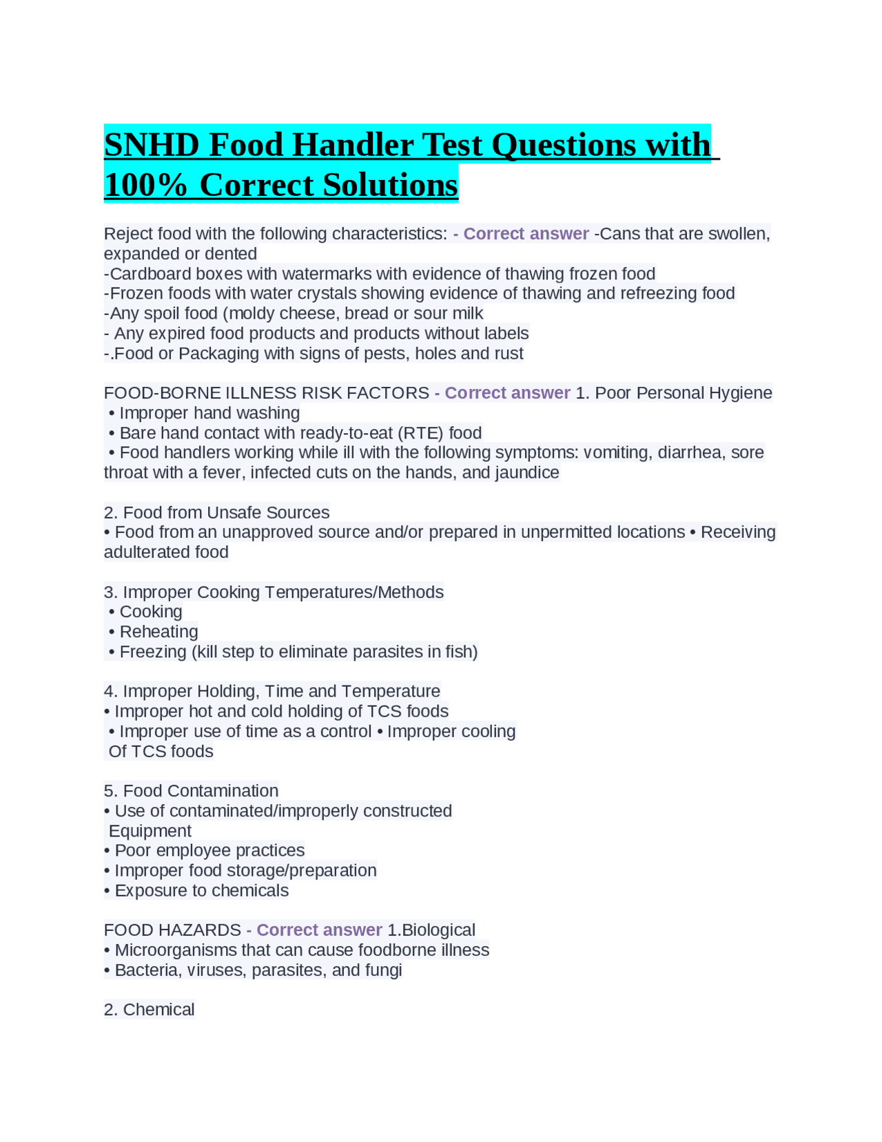 SNHD Food Handler Test Questions with 100% Correct Solutions | Exams ...