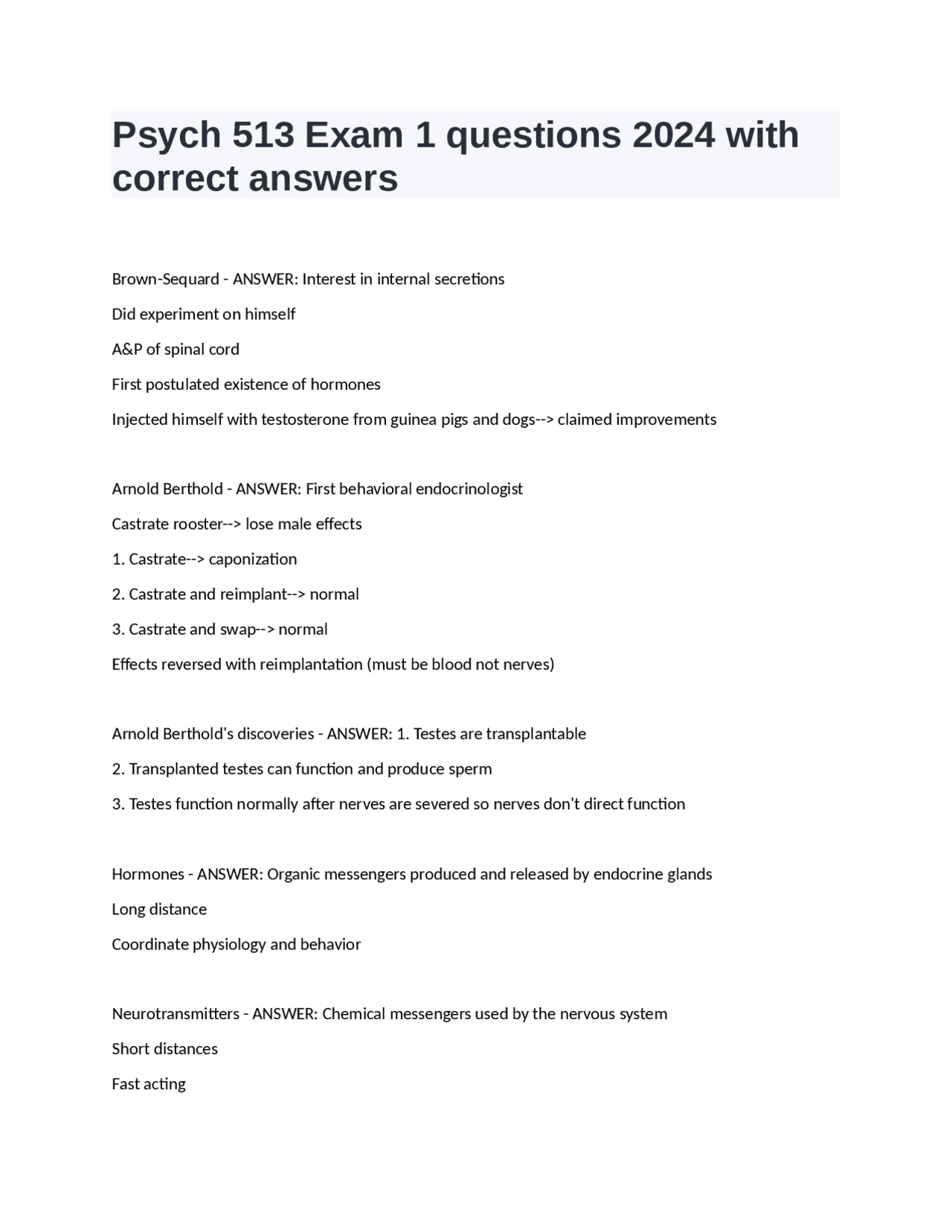 Exam Questions and Answers for Psych 513: Endocrinology | Exams ...