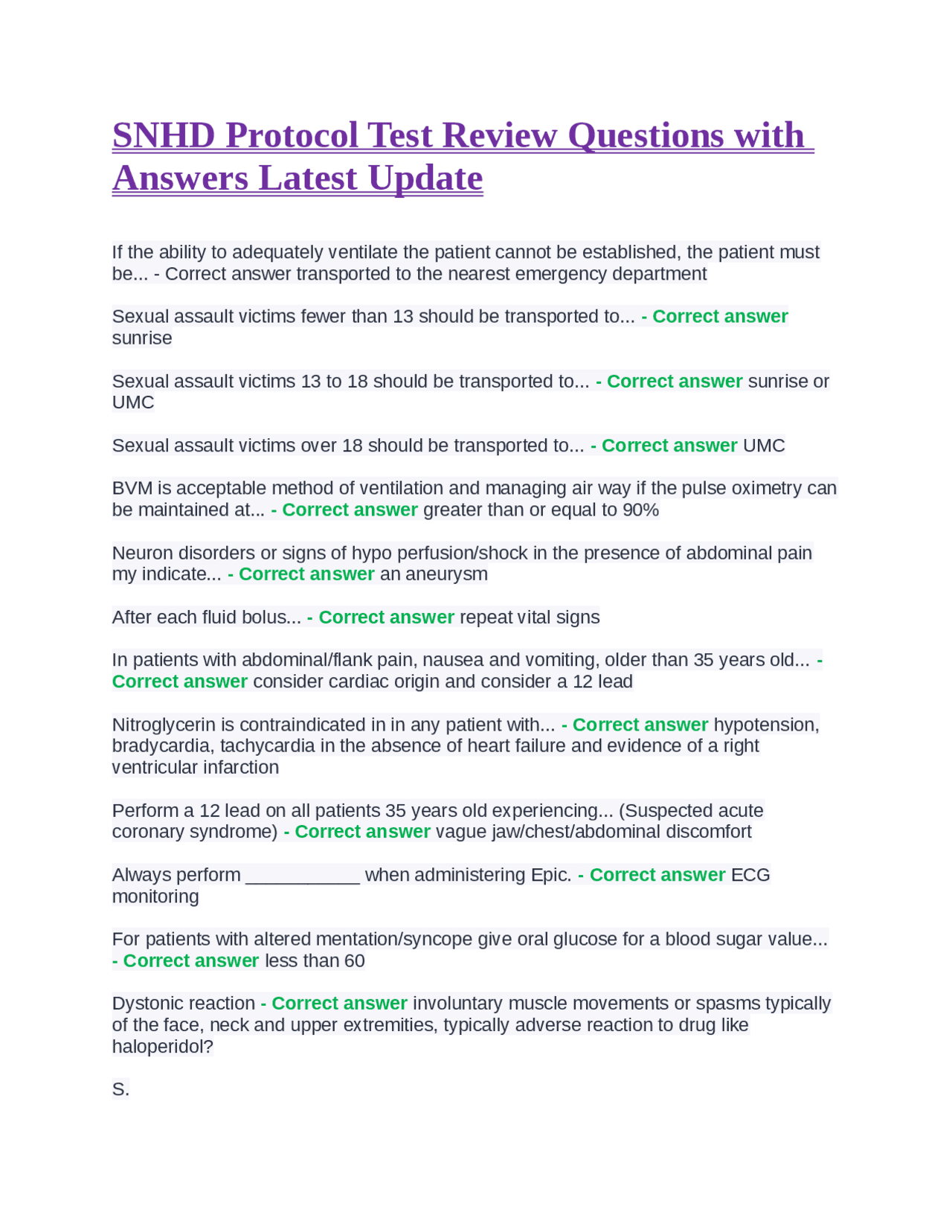 SNHD Protocol Test Review Questions with Answers Latest Update | Exams ...