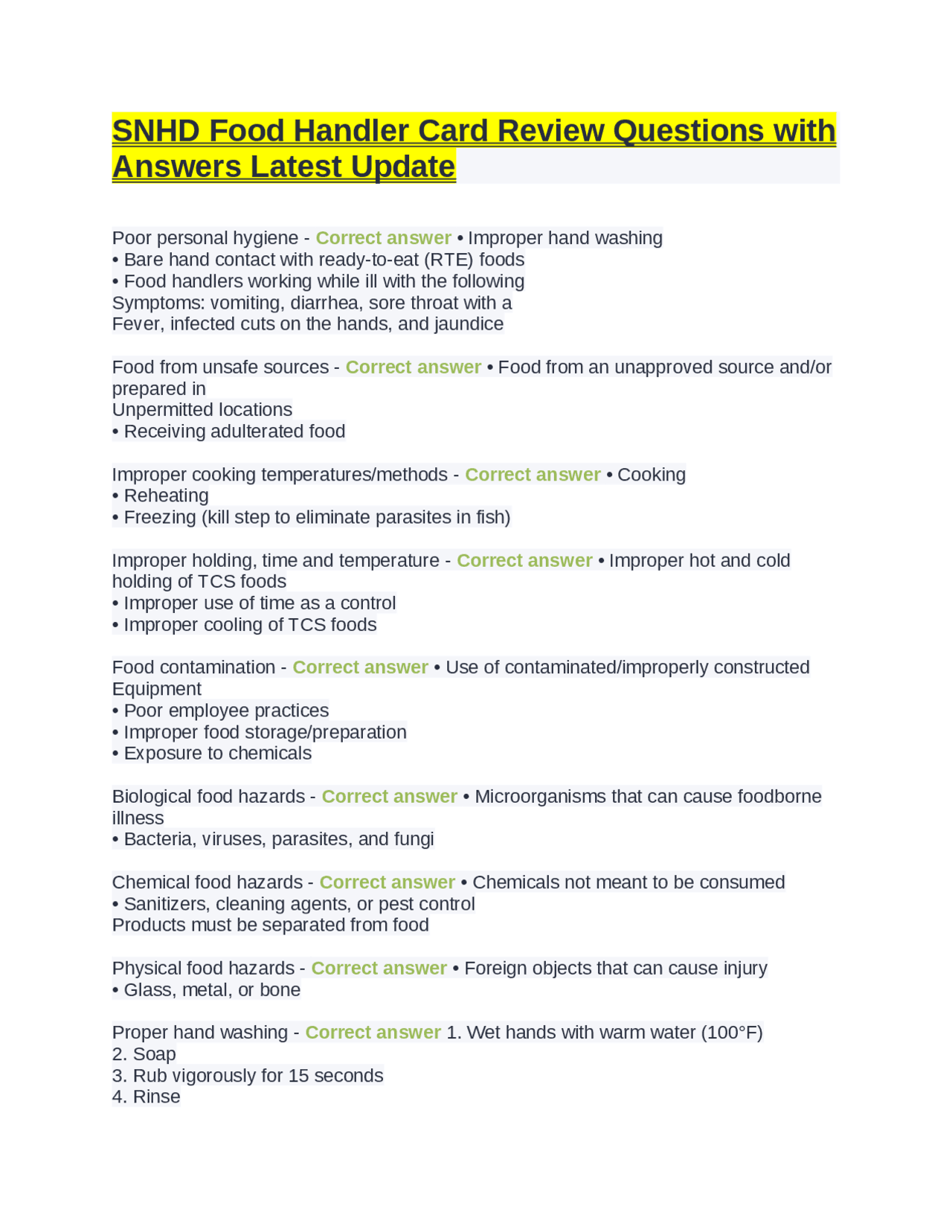 SNHD Food Handler Card Review Questions and Answers: Food Safety Best ...