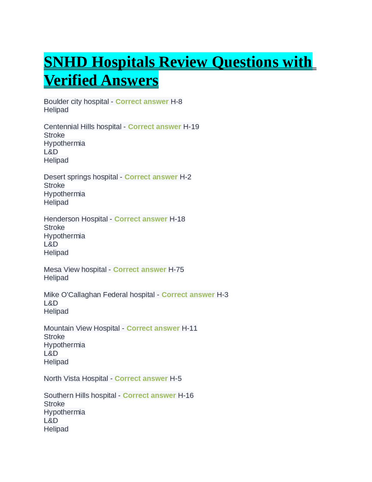 SNHD Hospitals Review Questions with Verified Answers | Exams Nursing ...