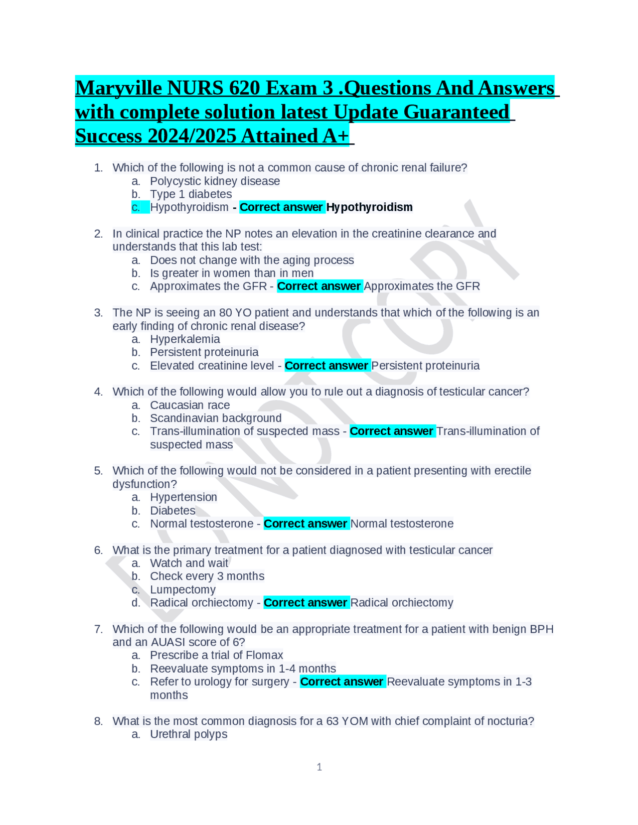 Urology Quiz Questions and Answers | Exams Nursing | Docsity