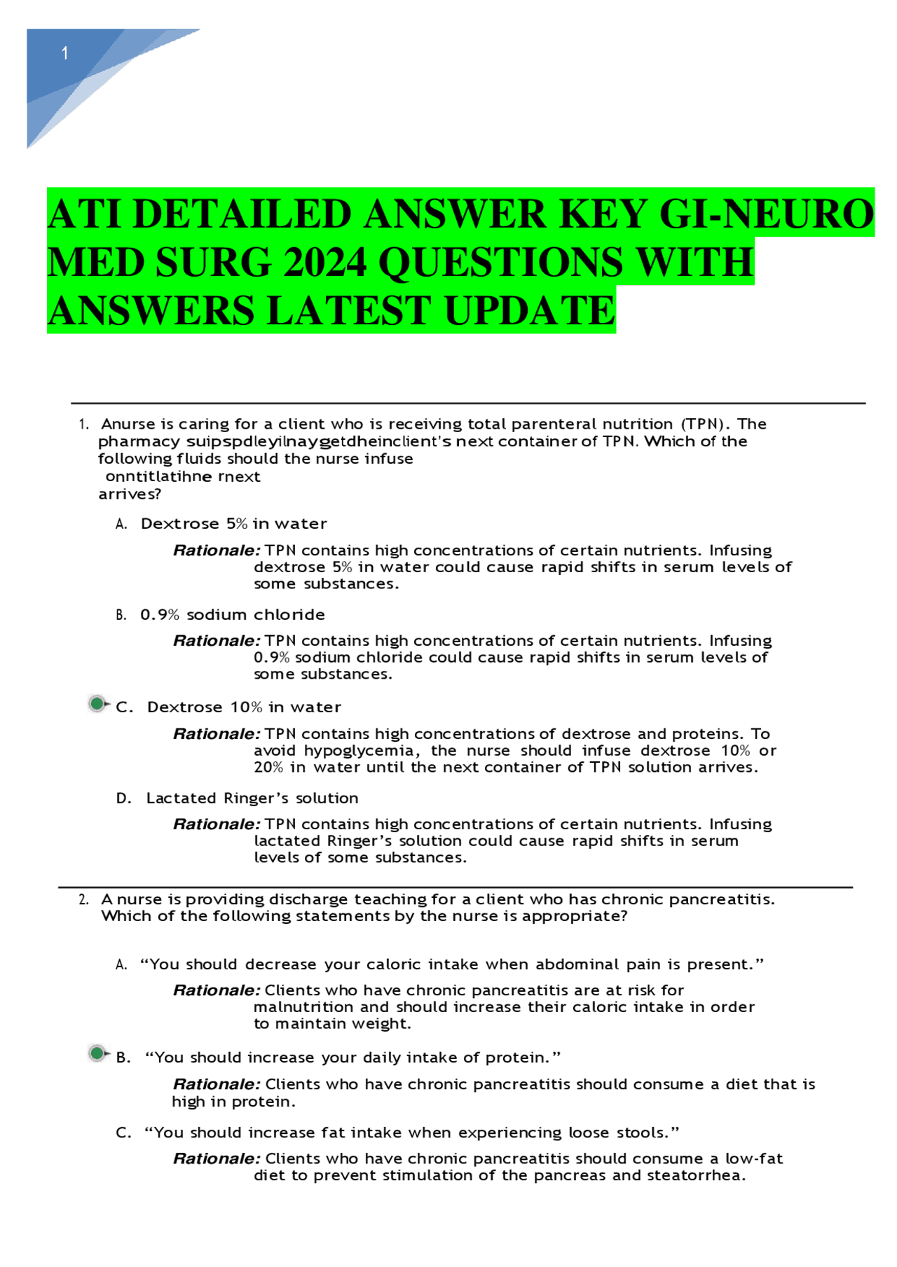 ATI DETAILED ANSWER KEY GI-NEURO MED SURG 2024 QUESTIONS WITH ANSWERS ...
