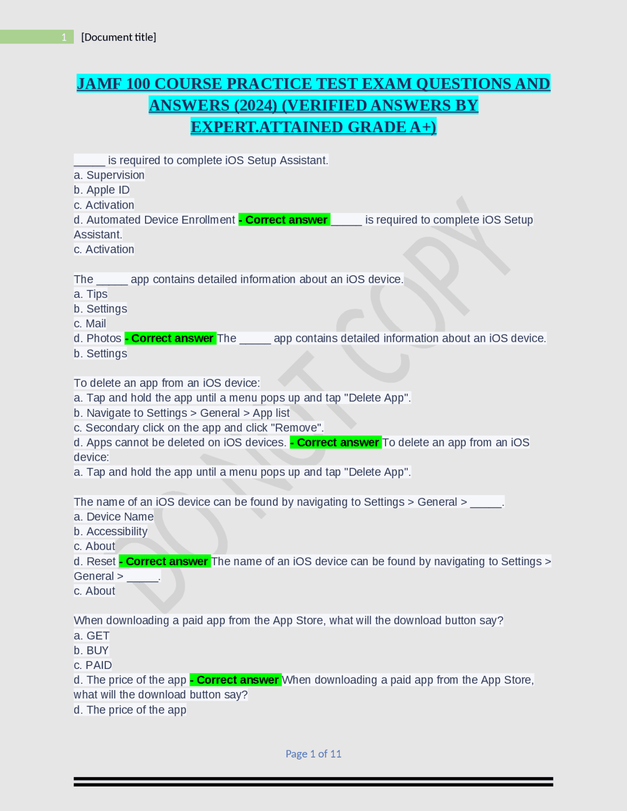 JAMF 100 COURSE PRACTICE TEST EXAM QUESTIONS AND ANSWERS (2024 ...