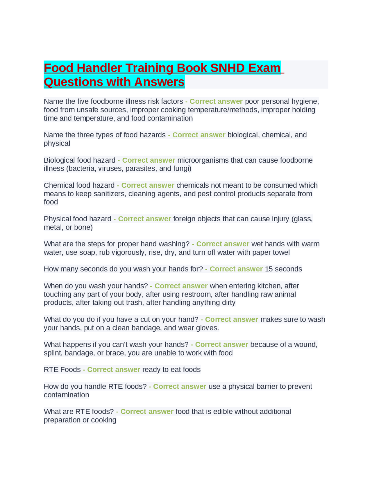 Food Handler Training: Exam Q&A on Illnesses, Hand Washing, RTE Foods ...