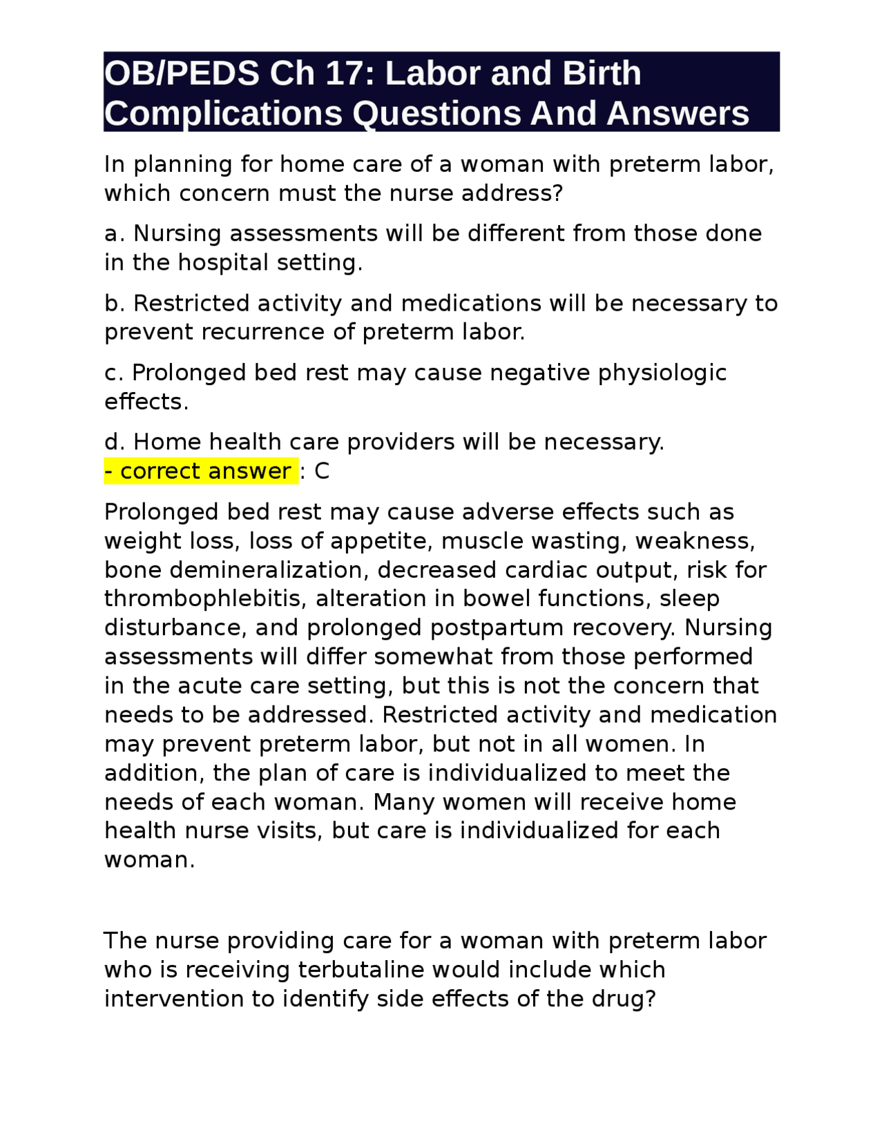 OB/PEDS Ch 17: Labor and Birth Complications Questions And Answers ...