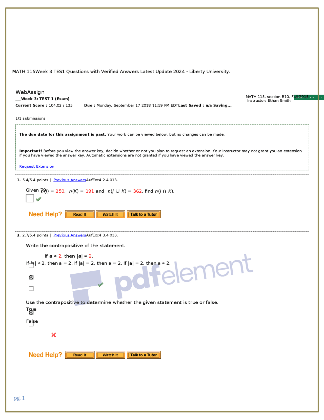 Math 115 Week 3 Test 1 Questions And Answers Liberty University Exams Mathematics Docsity