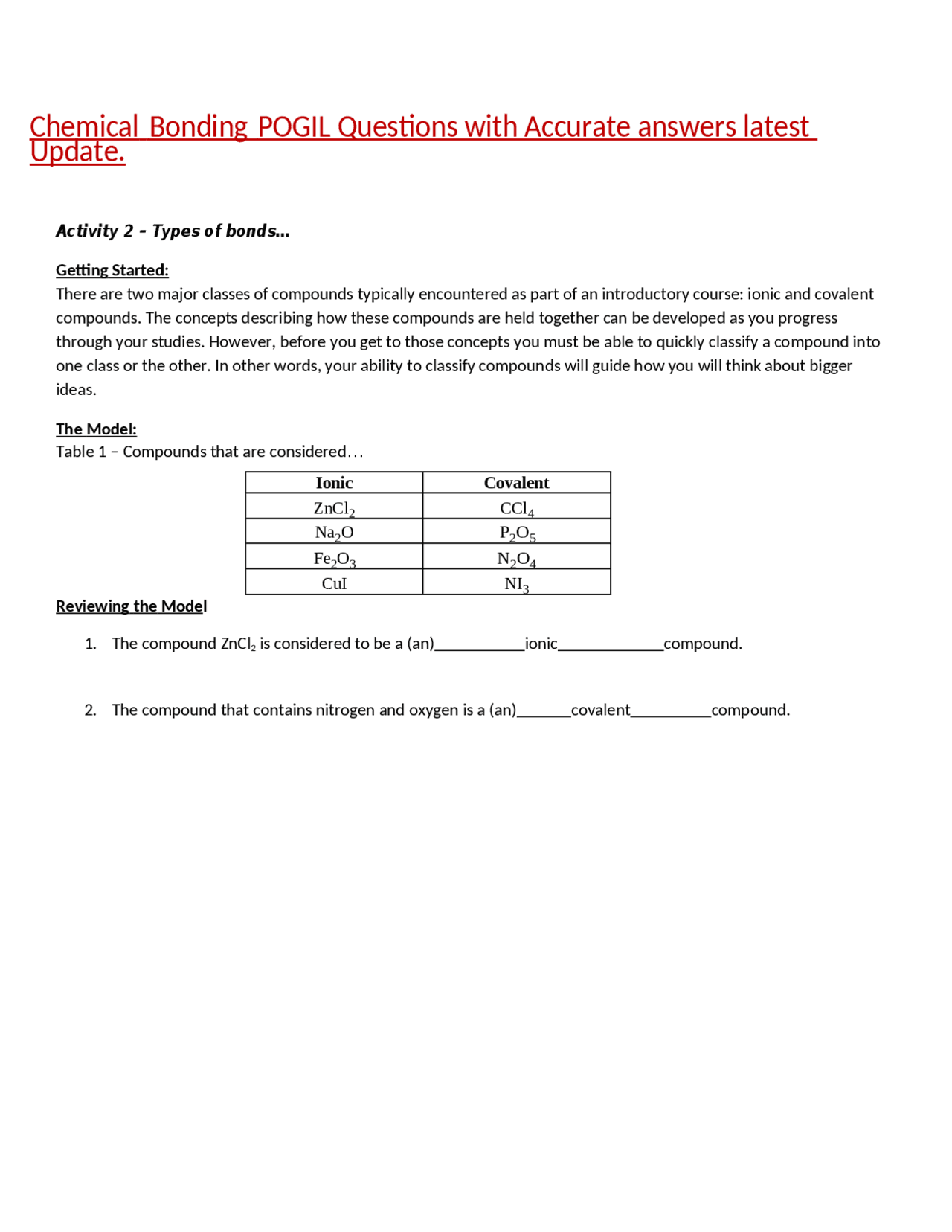 Chemical Bonding: POGIL Activities for Ionic Compounds | Exams ...