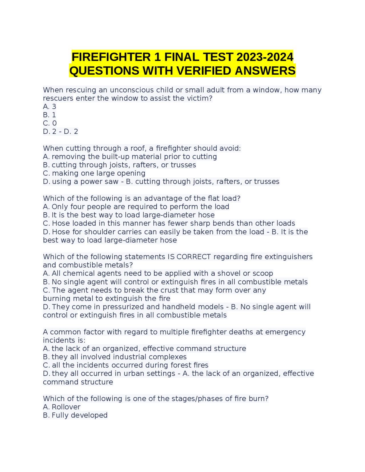 FIREFIGHTER 1 FINAL TEST 2023-2024 QUESTIONS WITH VERIFIED ANSWERS ...