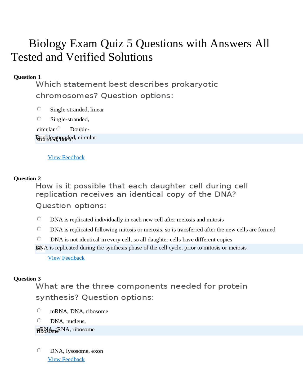 Biology Exam Quiz: DNA Replication and Protein Synthesis | Exams ...
