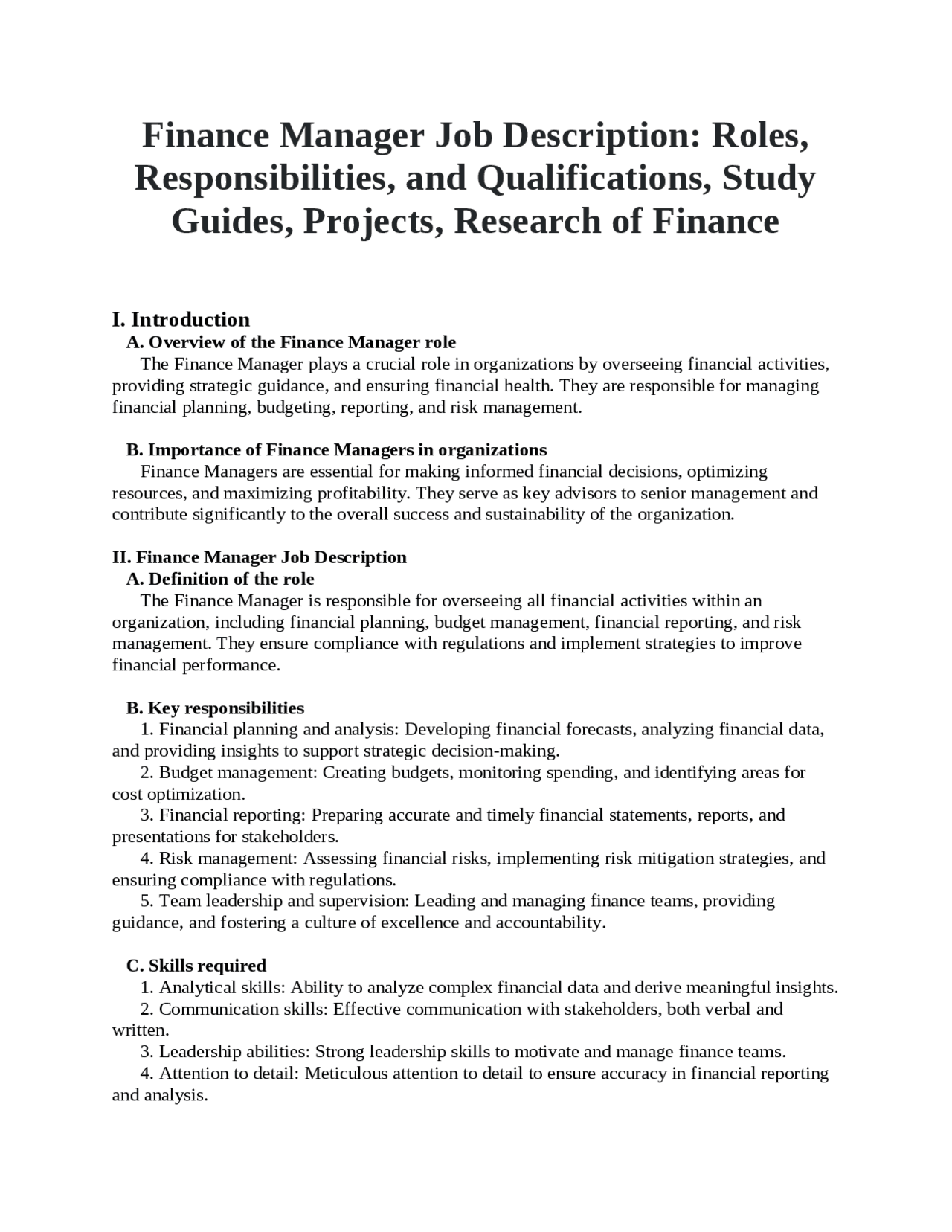 Finance Manager Job Description: Roles, Responsibilities, and ...