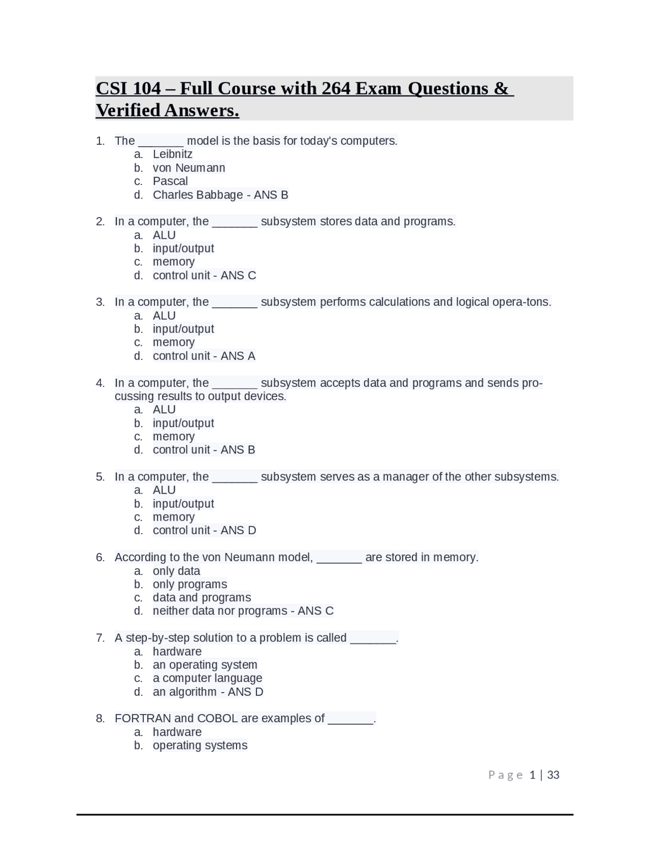 CSI 104 Exam Questions and Answers: Computer Science Fundamentals | Exams Socialization and the ...