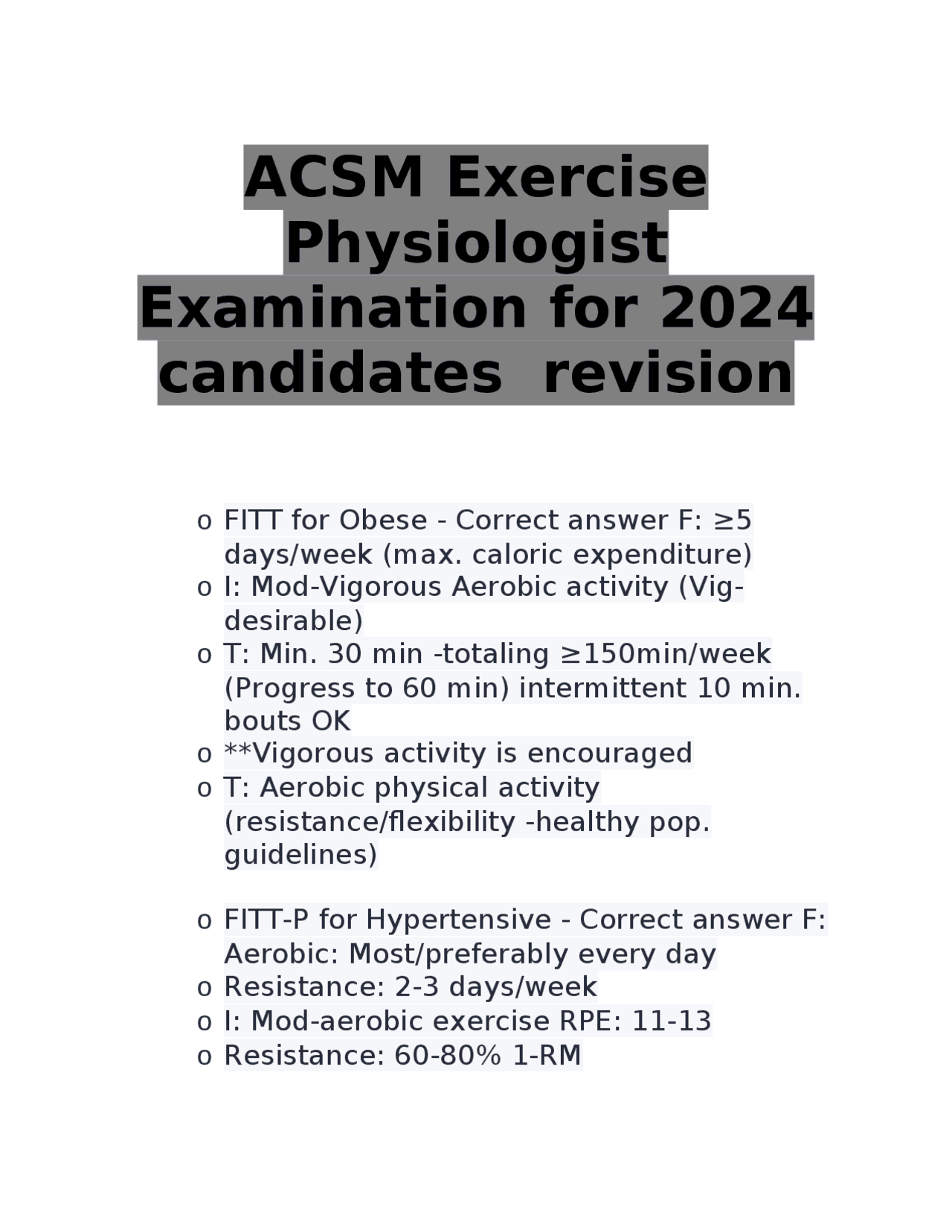 FITT Exercise Guidelines for Various Conditions and Recommendations for ...