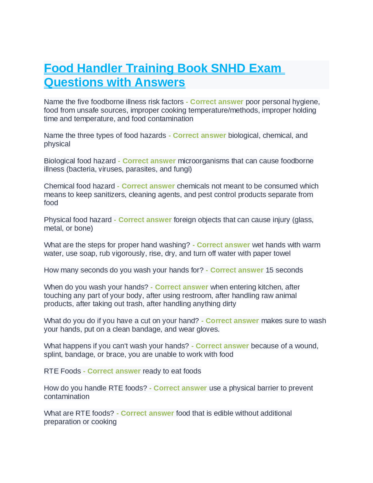Food Handler Training: Exam Q&A on Foodborne Illnesses, Hand Washing ...