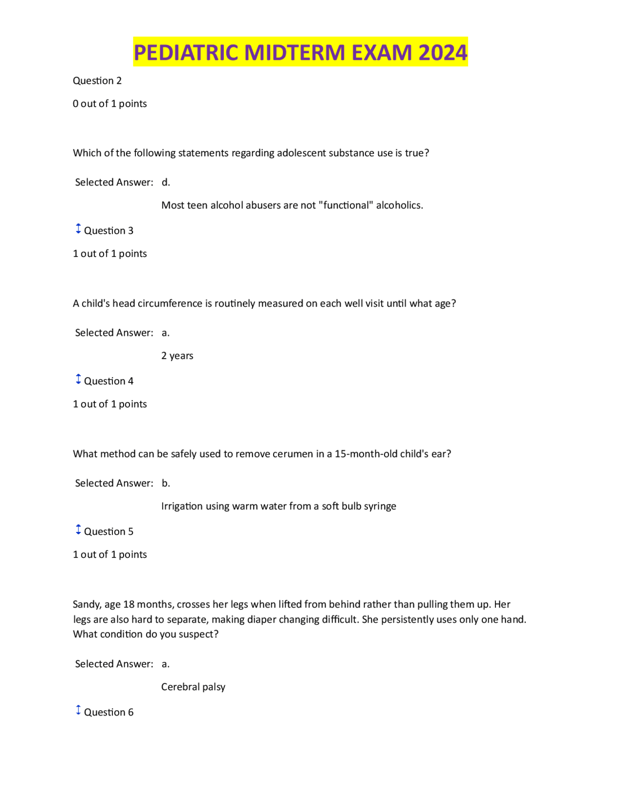 Pediatric Midterm Exam Questions and Answers | Exams Nursing | Docsity