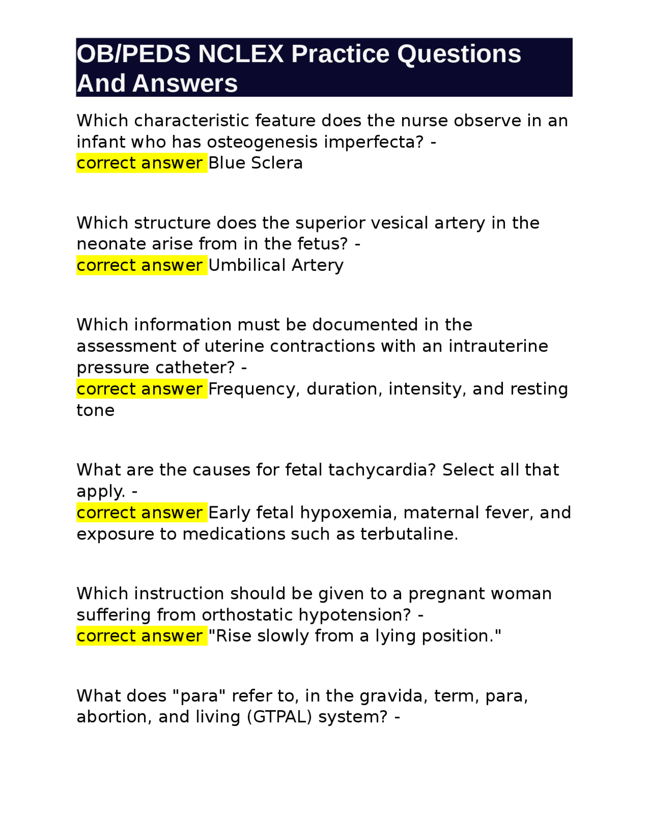 OB/PEDS NCLEX Practice Questions And Answers | Exams Pediatrics | Docsity