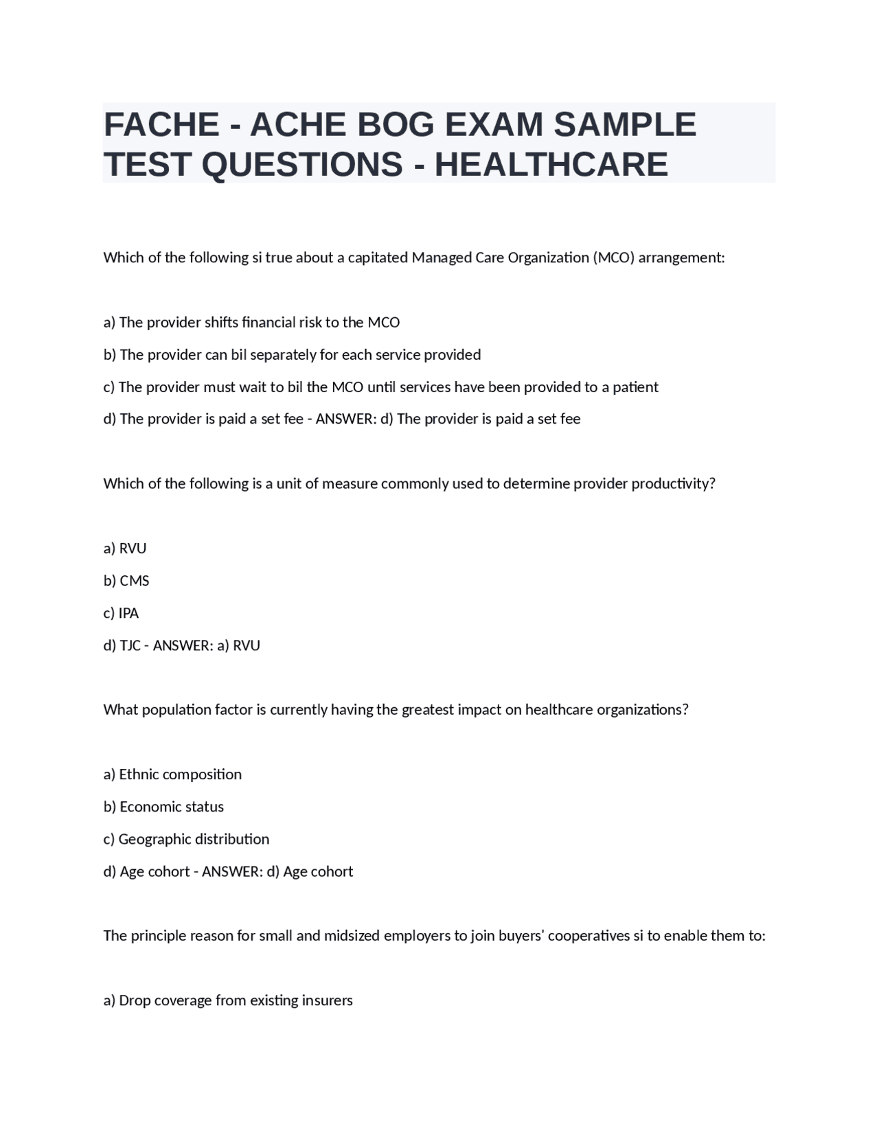 FACHE - ACHE BOG EXAM SAMPLE TEST QUESTIONS WITH ANSWERS 2024 ...