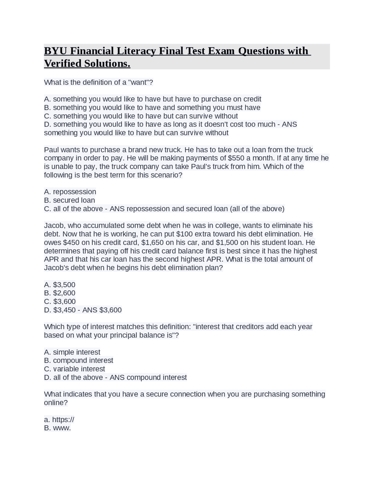 BYU Financial Literacy Final Test Exam Questions with Verified ...