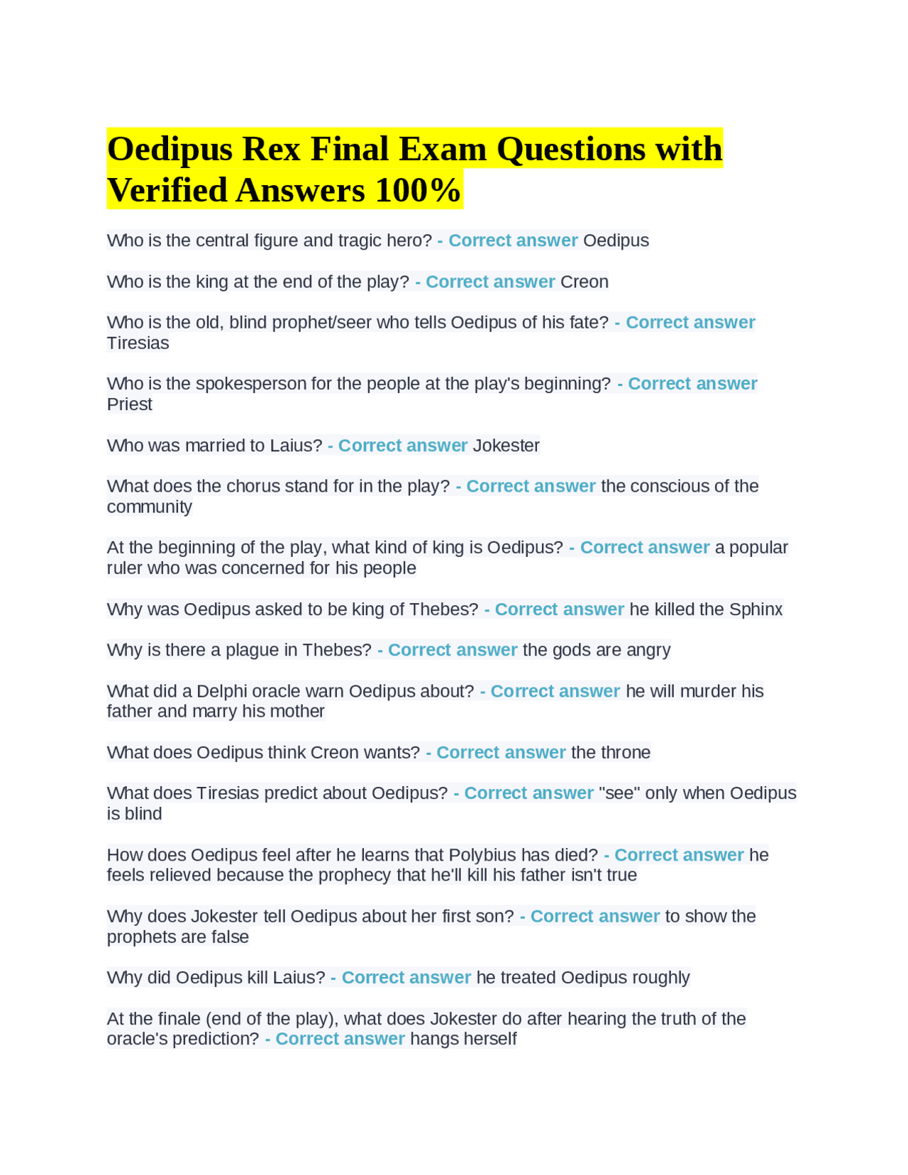 Oedipus Rex Final Exam Questions with Verified Answers 100% | Exams ...