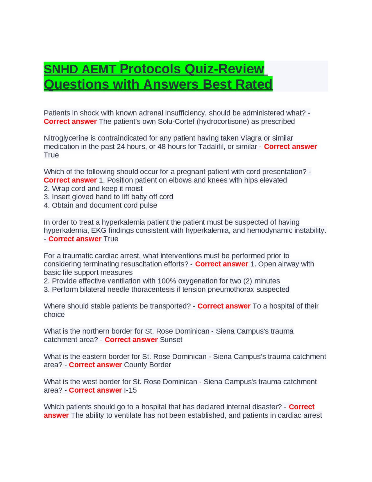 SNHD AEMT Protocols Quiz-Review: Essential Emergency Medical Questions ...