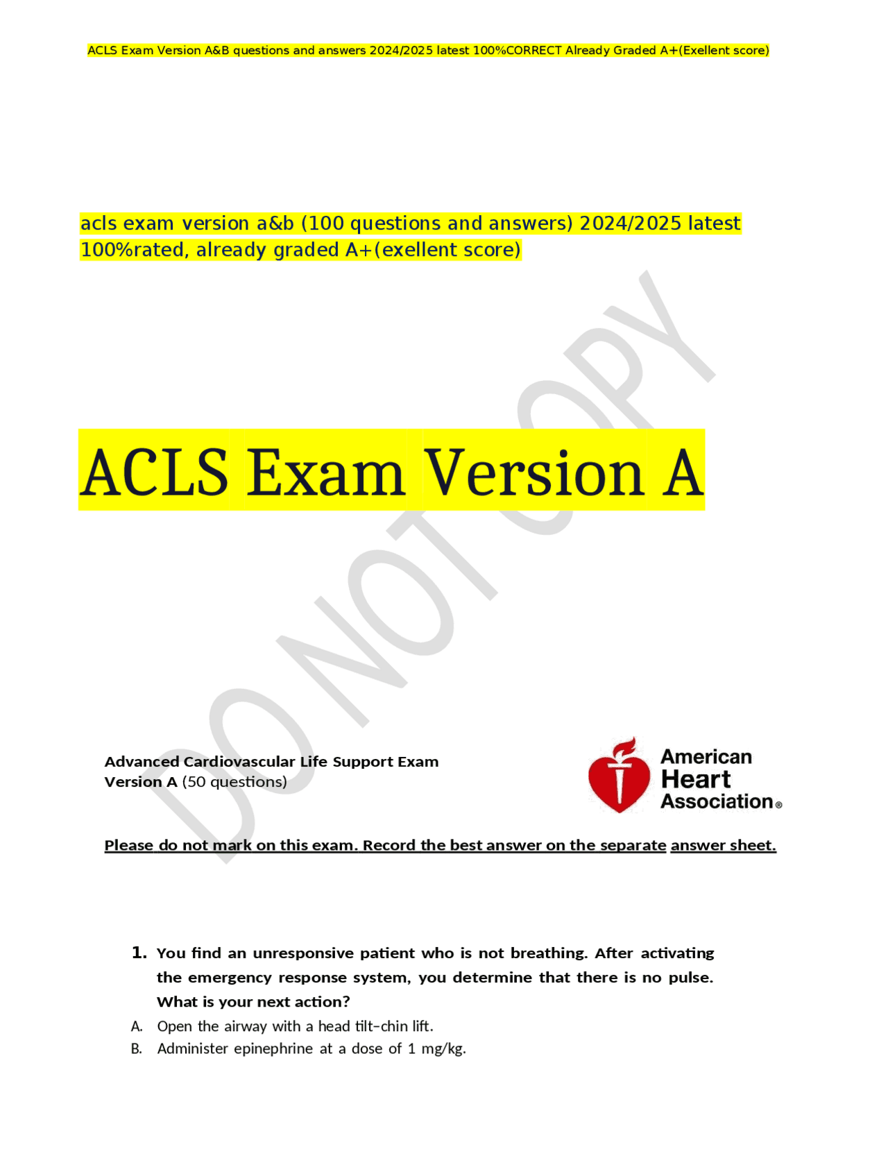 acls exam version a&b (100 questions and answers) 2024/2025 latest 100 ...