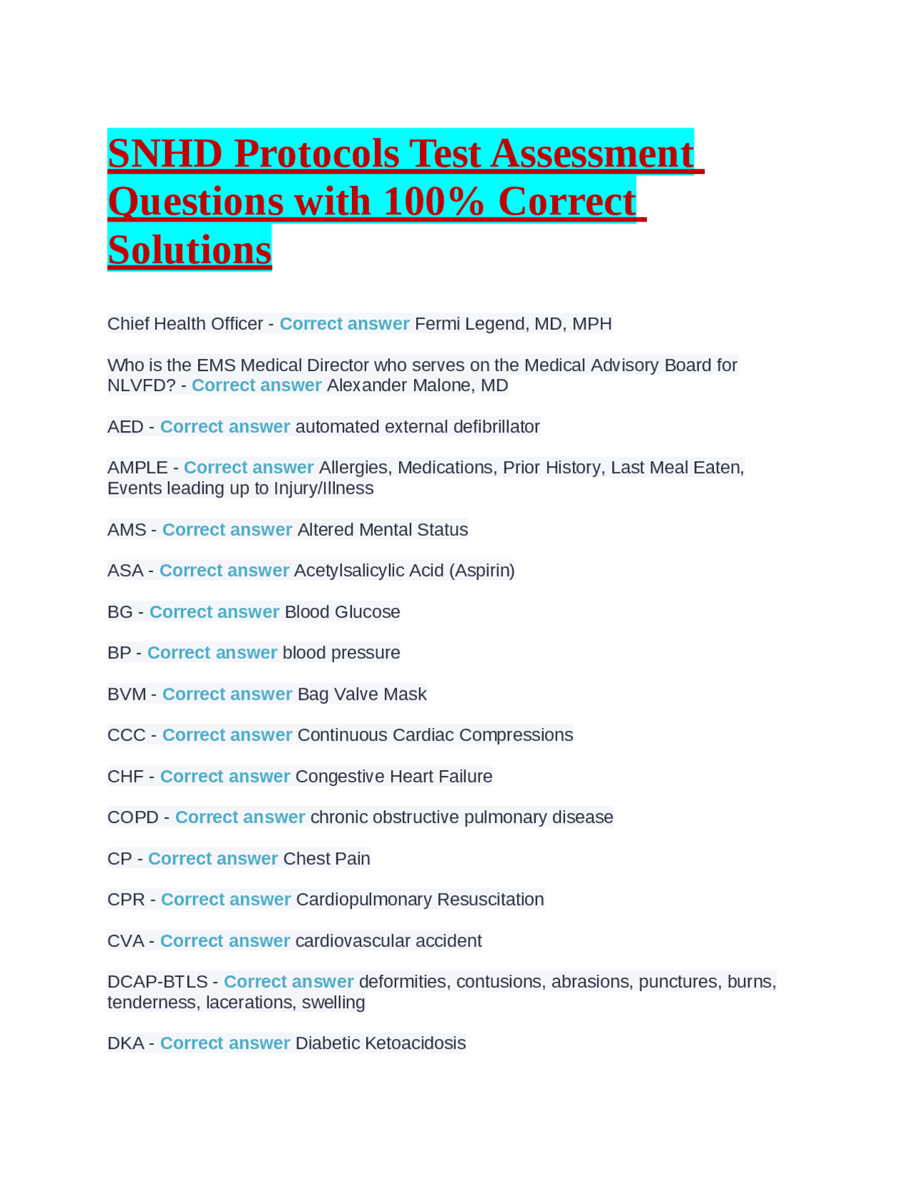 SNHD Protocols Test Assessment Questions with 100% Correct Solutions ...