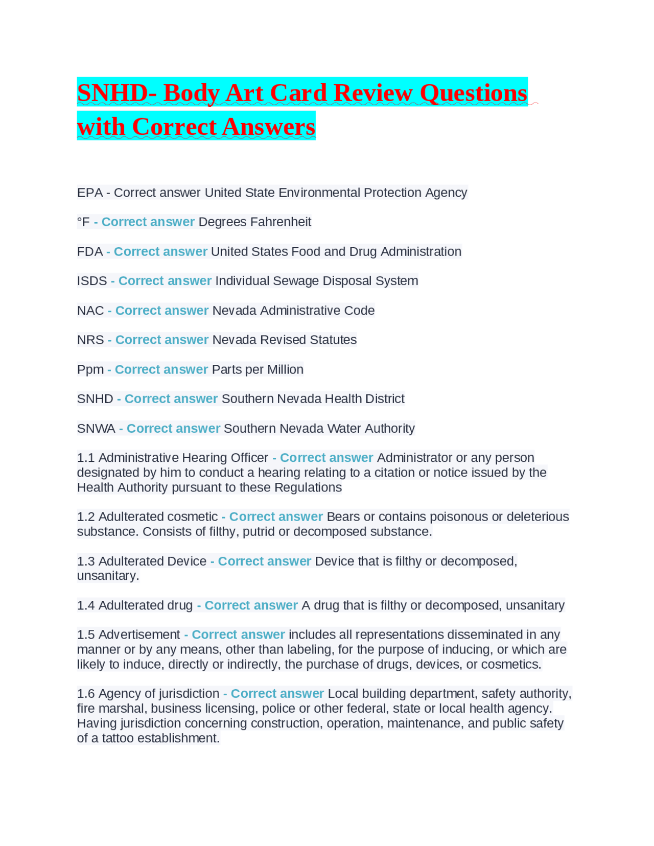 SNHD- Body Art Card Review Questions with Correct Answers | Exams ...