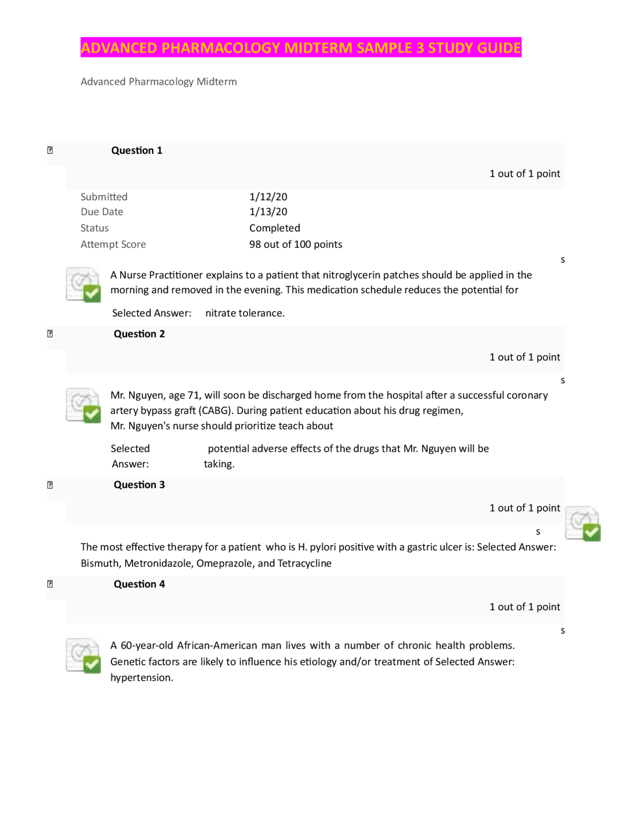 Advanced Pharmacology Midterm Sample Study Guide Questions | Exams Nursing | Docsity