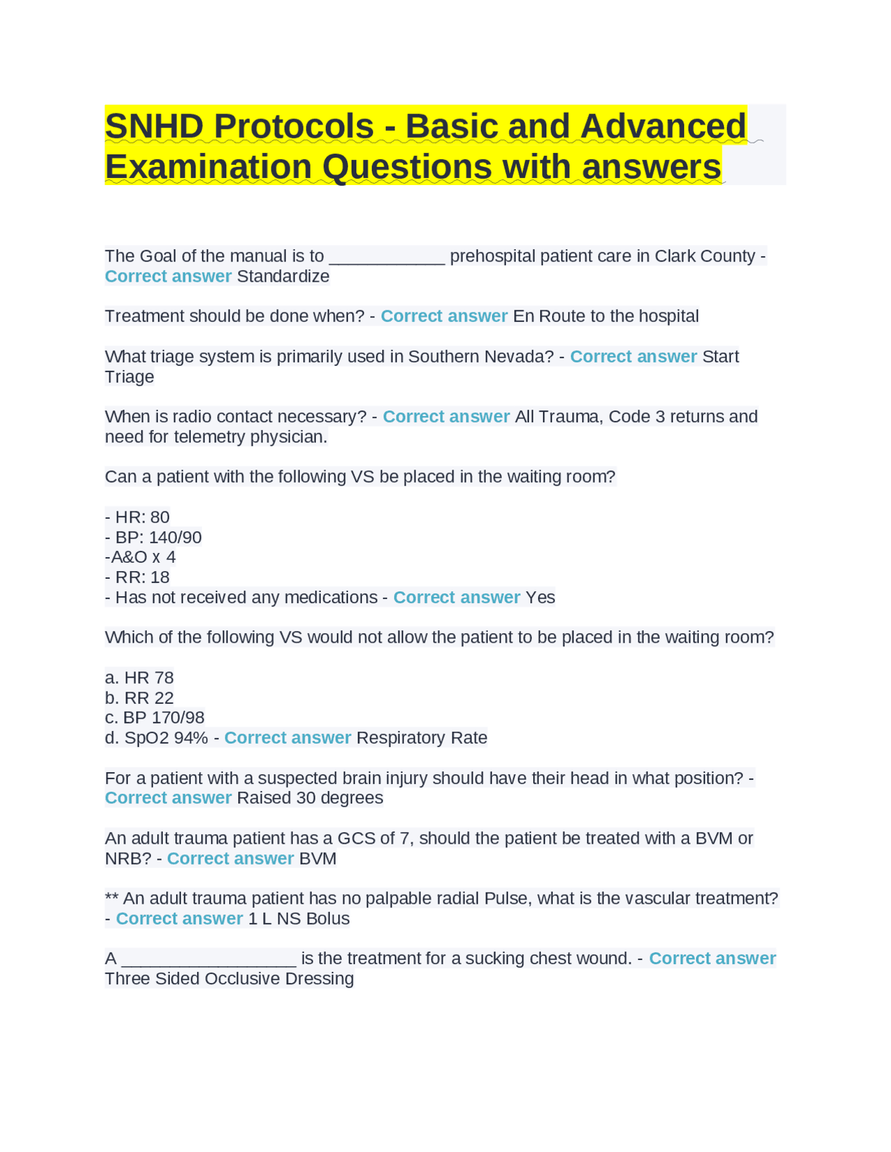 SNHD Protocols: Prehospital Patient Care Examination Questions and ...