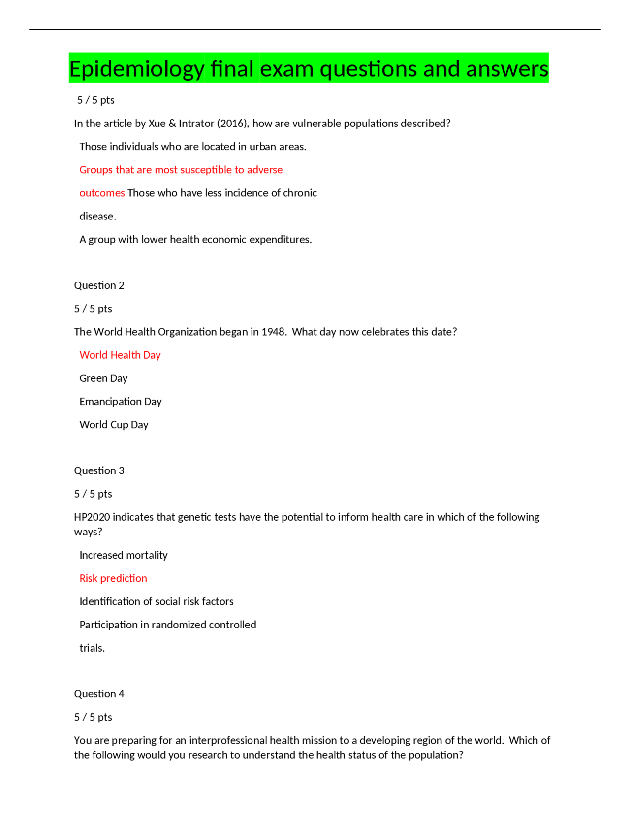 Epidemiology final exam questions and answers | Exams Epidemiology | Docsity