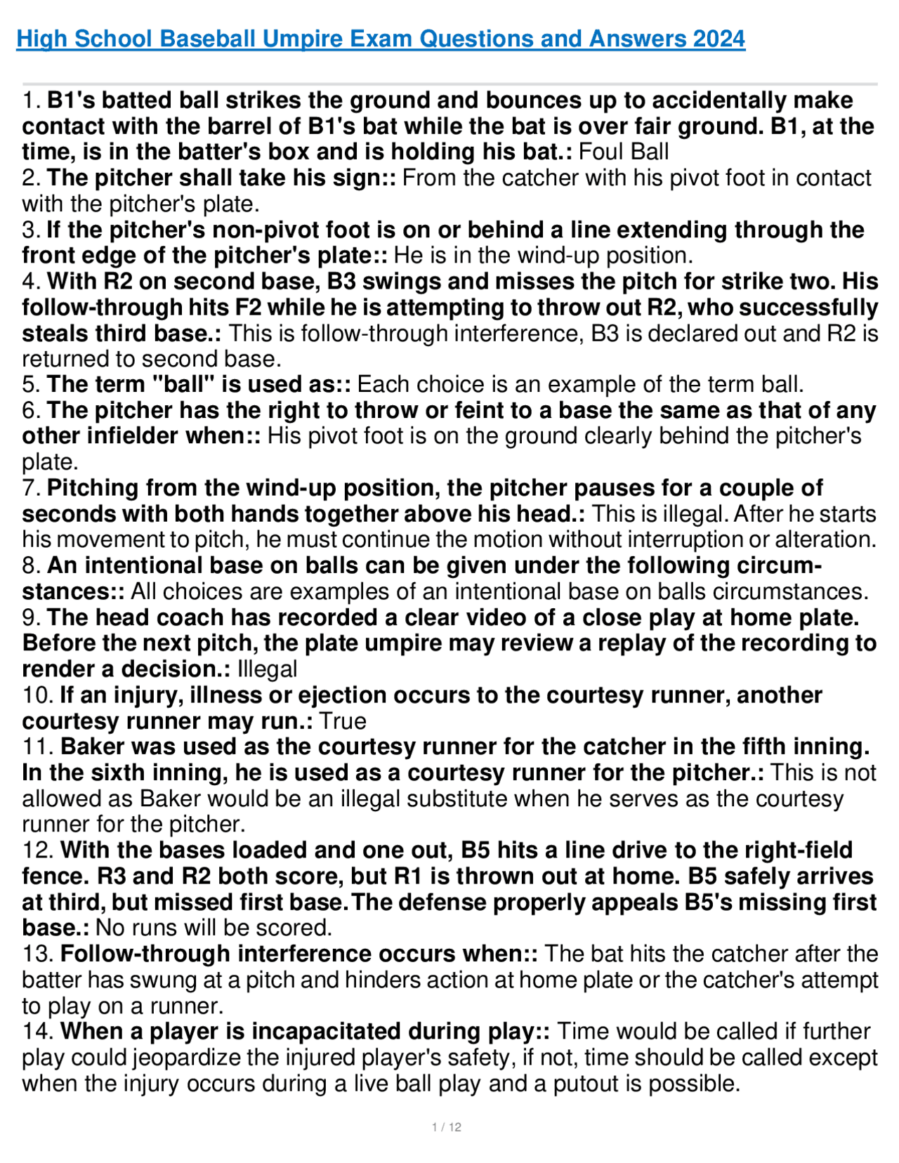 High School Baseball Umpire Exam Questions and Answers 2024 | Exams ...
