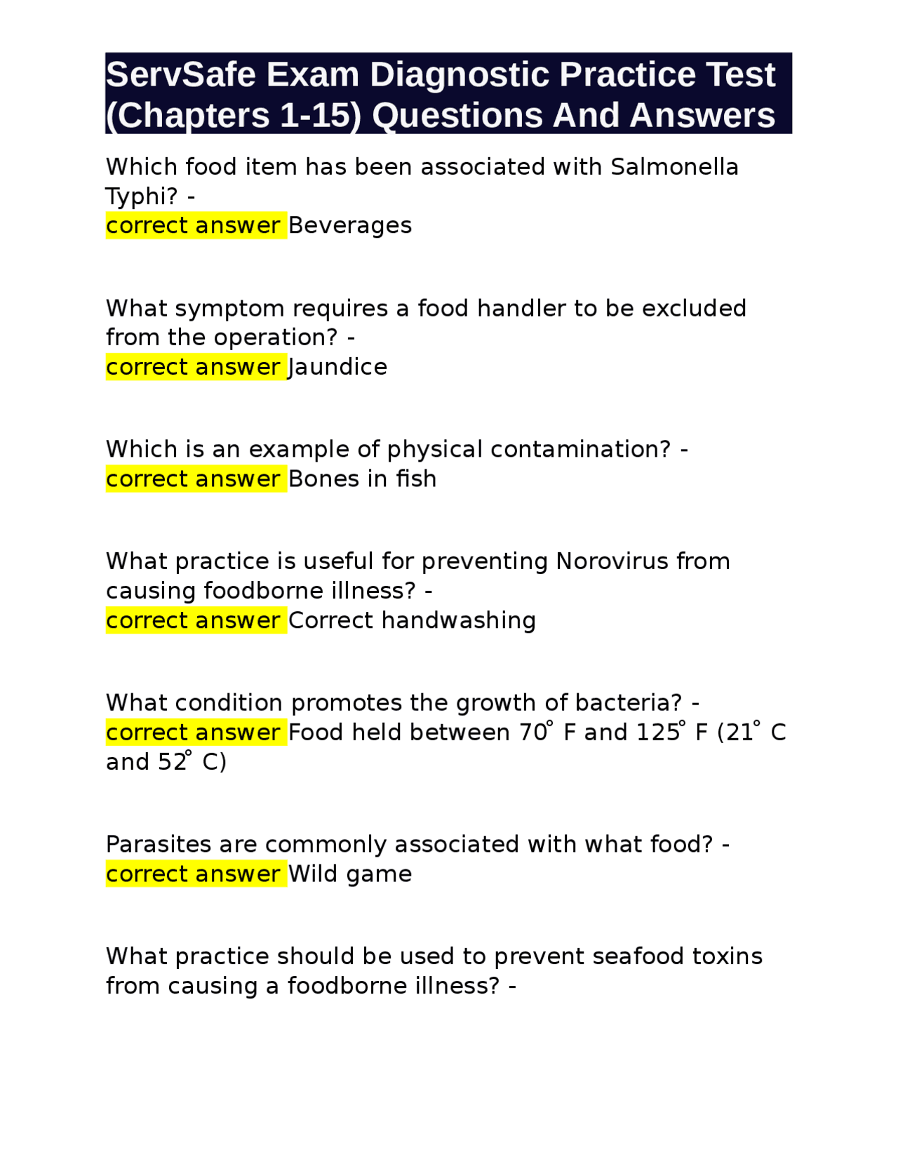 ServSafe Exam Practice Questions and Answers (Chapters 1-15) - Food ...