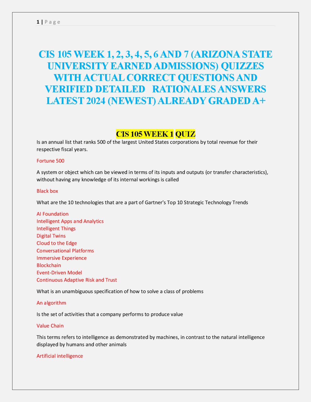 CIS 105 WEEK 1, 2, 3, 4, 5, 6 AND 7 (ARIZONA STATE UNIVERSITY EARNED ADMISSIONS) | Exams Nursing ...