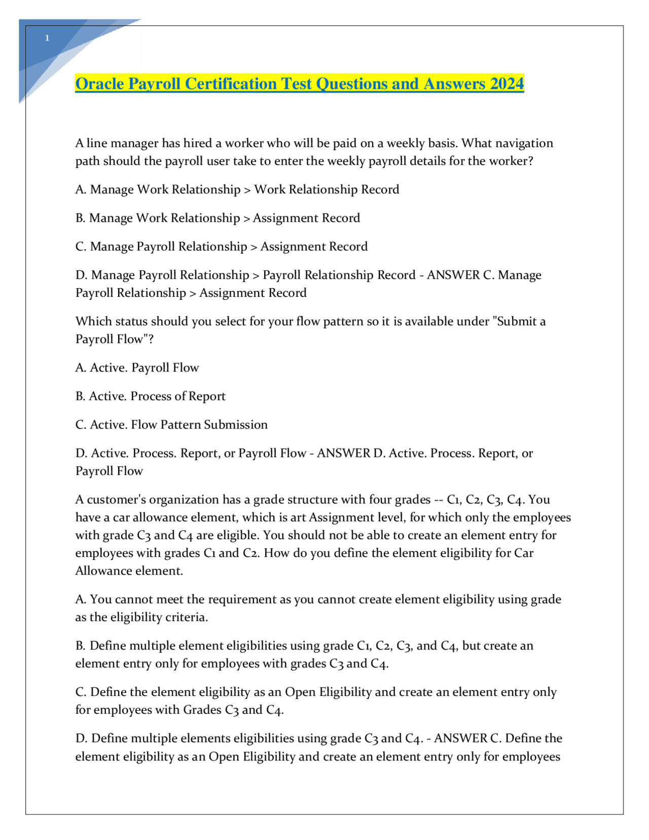 Oracle Payroll Certification Test Questions and Answers 2024 | Exams ...
