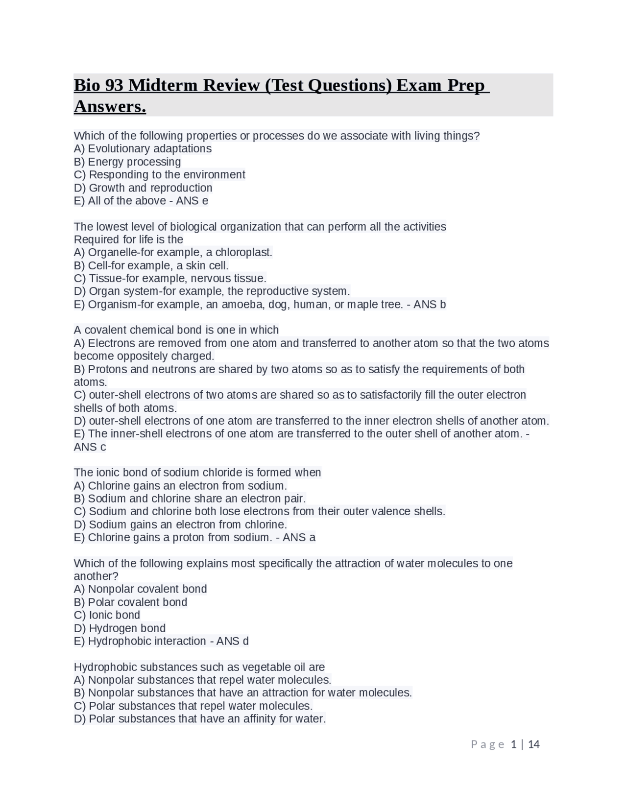 Bio 93 Midterm Review (Test Questions) Exam Prep Answers. | Exams ...