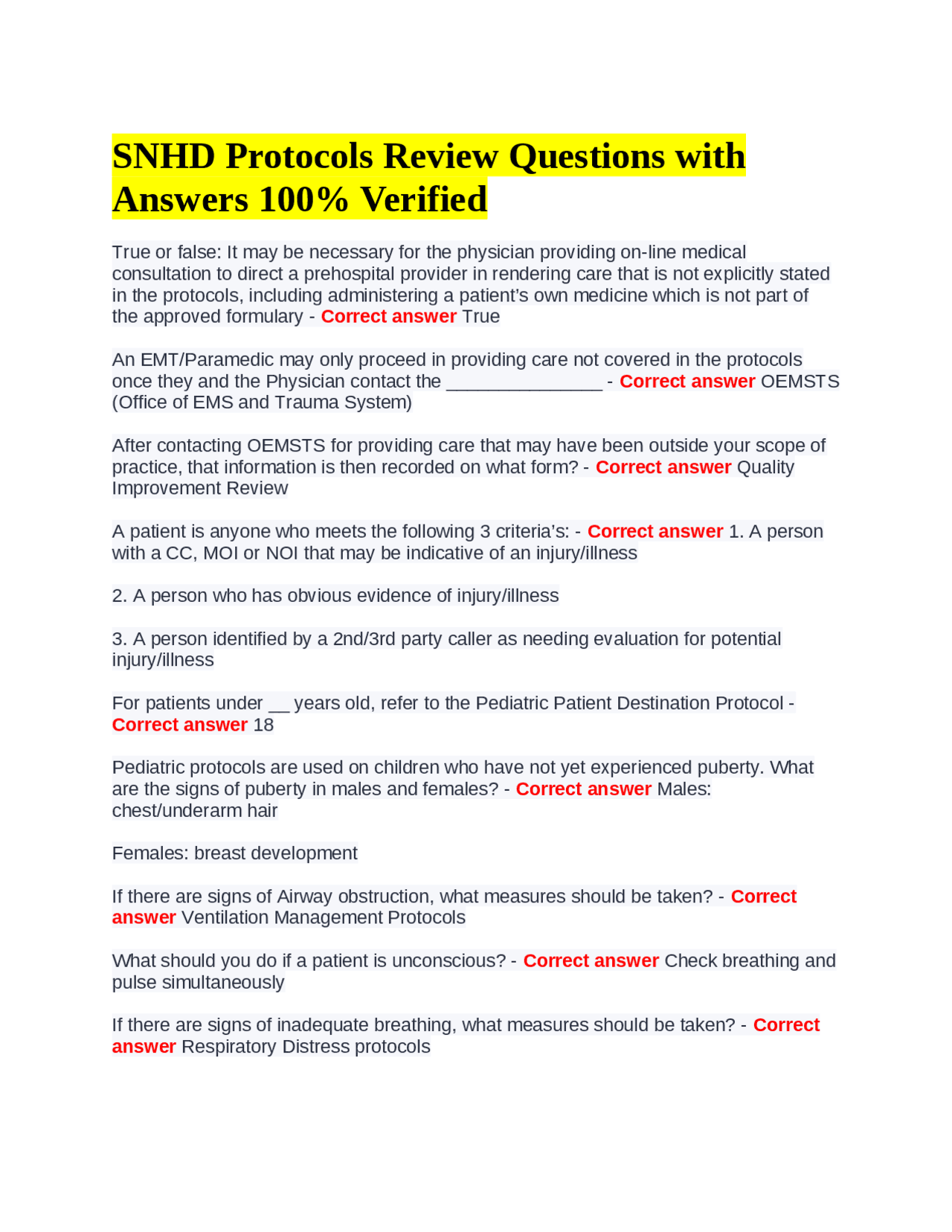 SNHD Protocols Review Questions and Answers for Emergency Medical ...