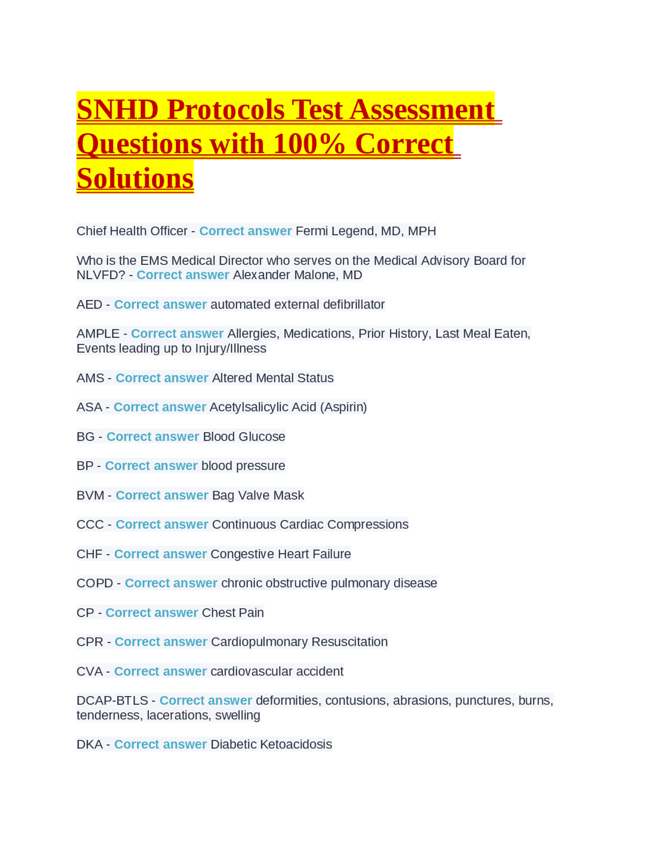 SNHD Protocols Test Assessment Questions with 100% Correct Solutions ...