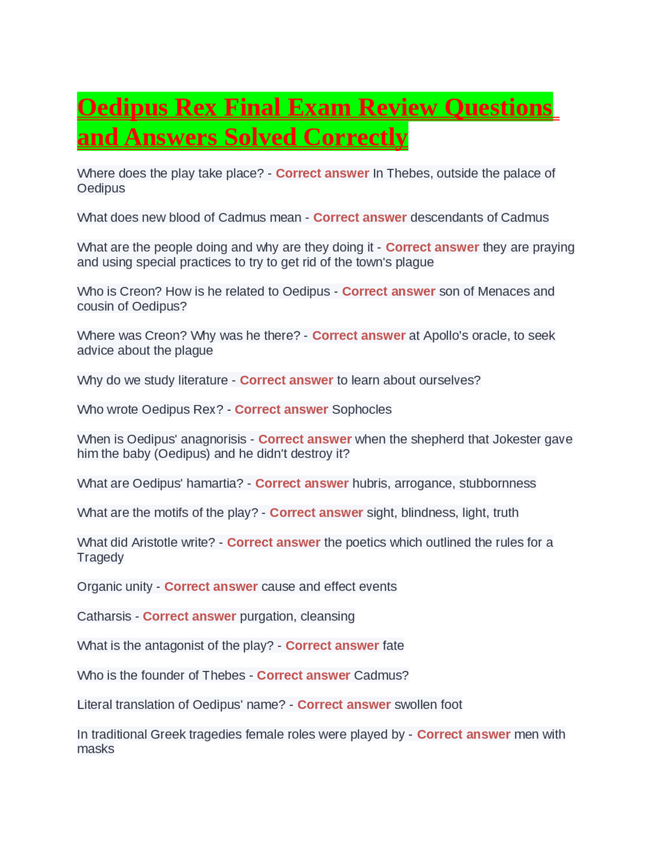 Oedipus Rex Final Exam Review Questions and Answers Solved Correctly ...