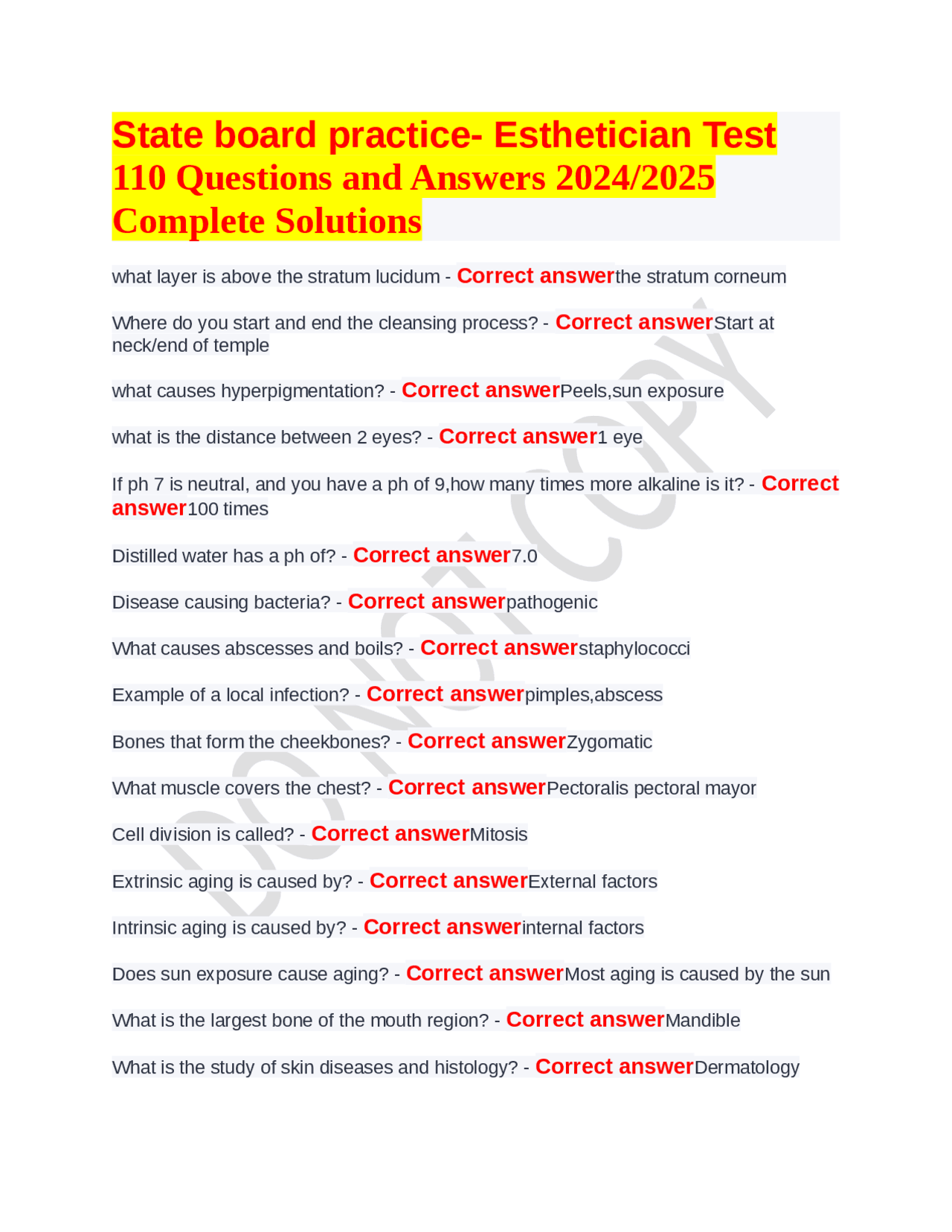 Esthetician Practice Test: 110 Questions and Answers for 2024/2025 ...