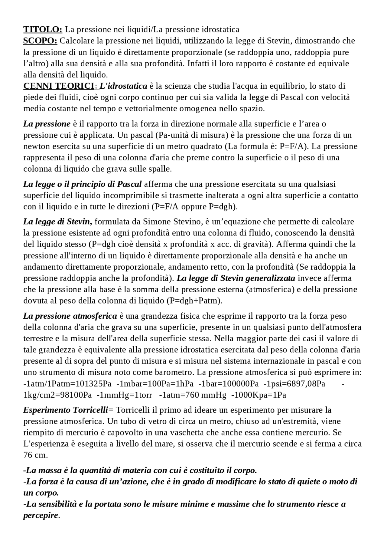 Relazione-La pressione nei liquidi | Appunti di Fisica | Docsity