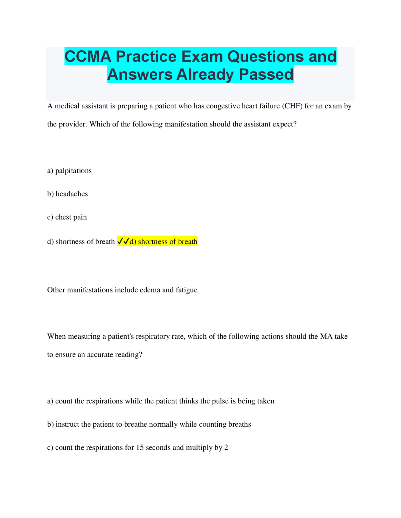 CCMA Practice Exam Questions and Answers Already Passed Rated A+ ...